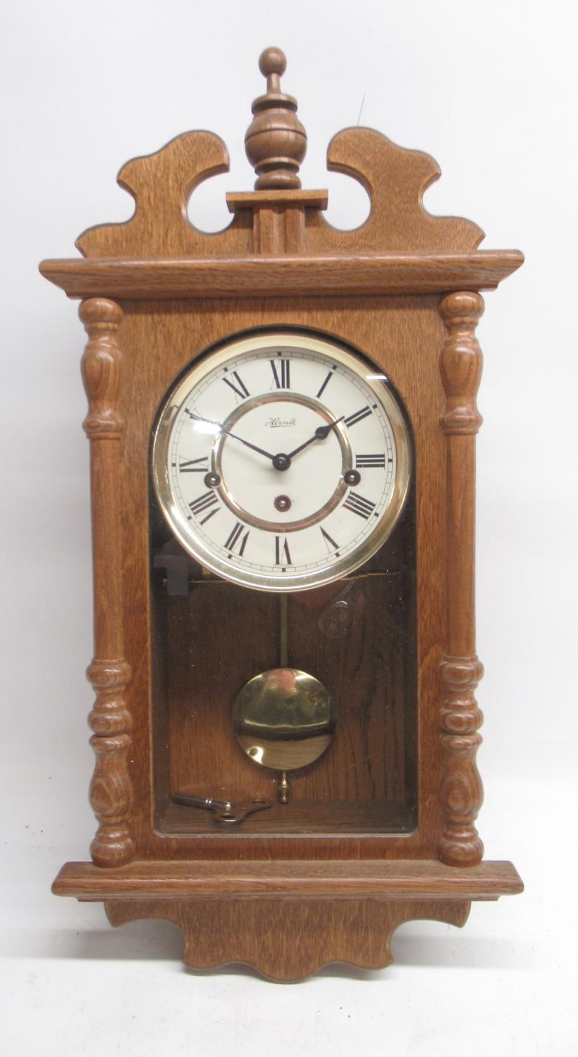 Hermle oak Vienna type wall clock, 6" signed brass dial with Roman ...