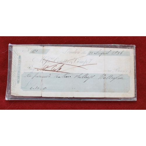 Cheque signed by the Duke of Wellington, dated 1836. The cheque no. is ...