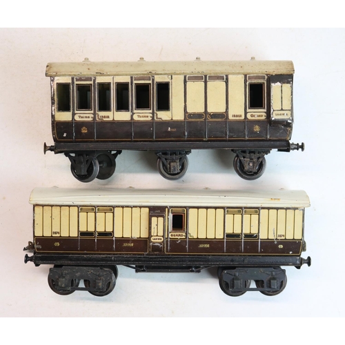 Two pre-war tin plate 1 gauge LNWR railway coaches to include Marklin ...