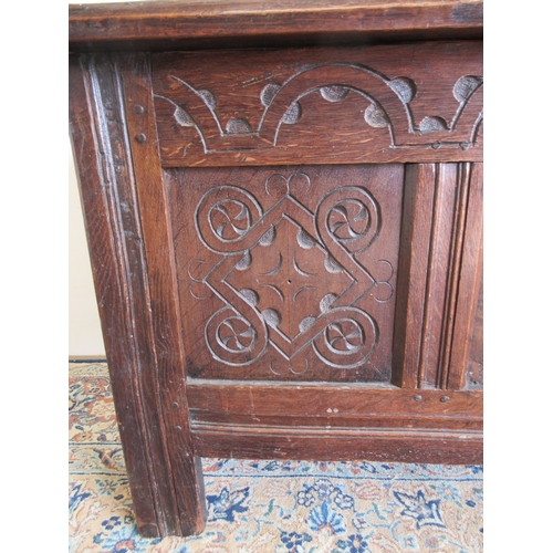 18th century oak three panel coffer, hinged lid above strapwork carved ...