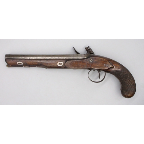 15 bore flintlock pistol by `H.Nock London', 9" heavy octagonal barrel ...