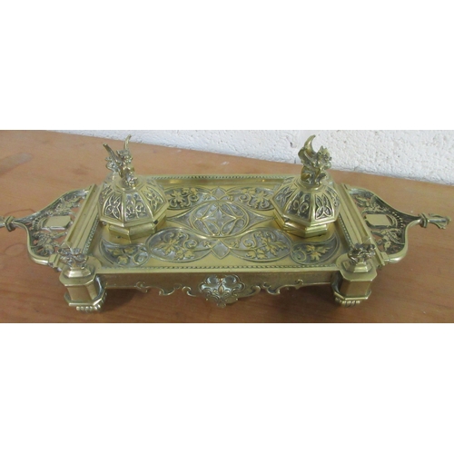 Victorian cast brass inkstand, decorated with Gothic scrolls and ...