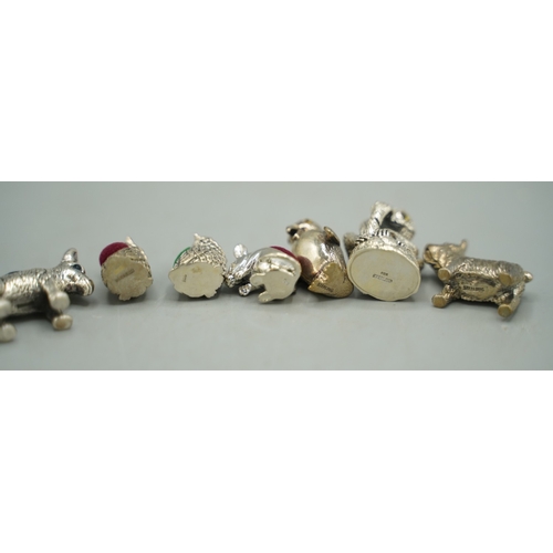 Seven Sterling silver miniature pin cushions in the shape of animals ...