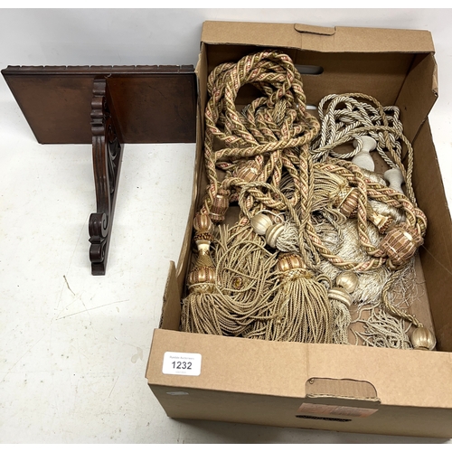 Mahogany scrolled wall bracket and three sets of curtain tasselled ties ...