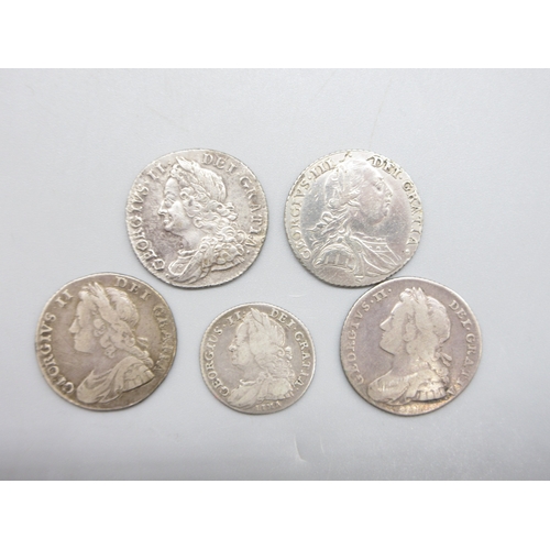 George II 1727 Shilling, 1736 Shilling, 1758 Shilling and a 1745 Six ...