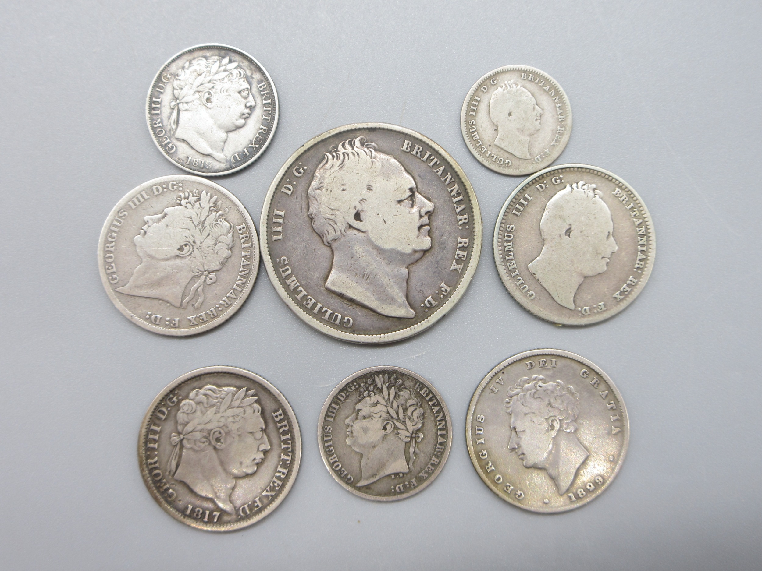 George III 1817 & 1824 Shillings, 1819 & 1821 six pence's, George IV ...