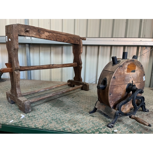 Wooden flax break tool, H65cm, and a rotary knife cleaner, H49cm A/F (2 ...
