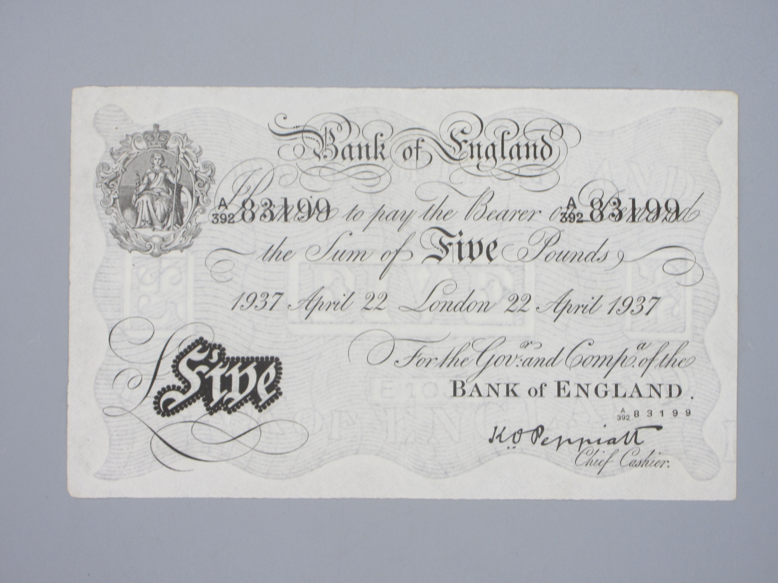 Bank of England Five Pounds (White Fiver) April 22nd 1937, Signed ...