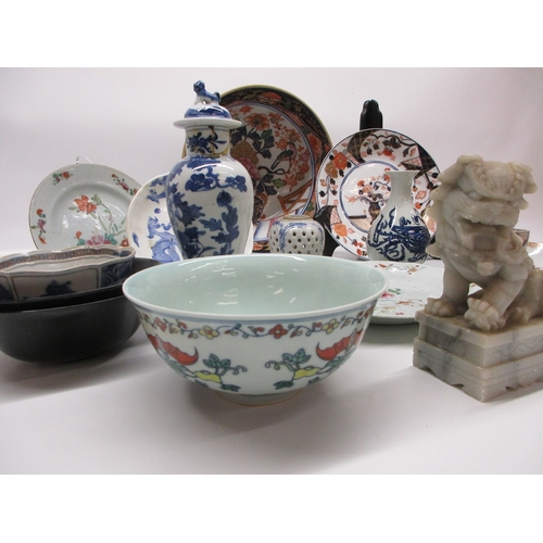 Collection of Asian stone and ceramic wares comprising hand-carved jade ...
