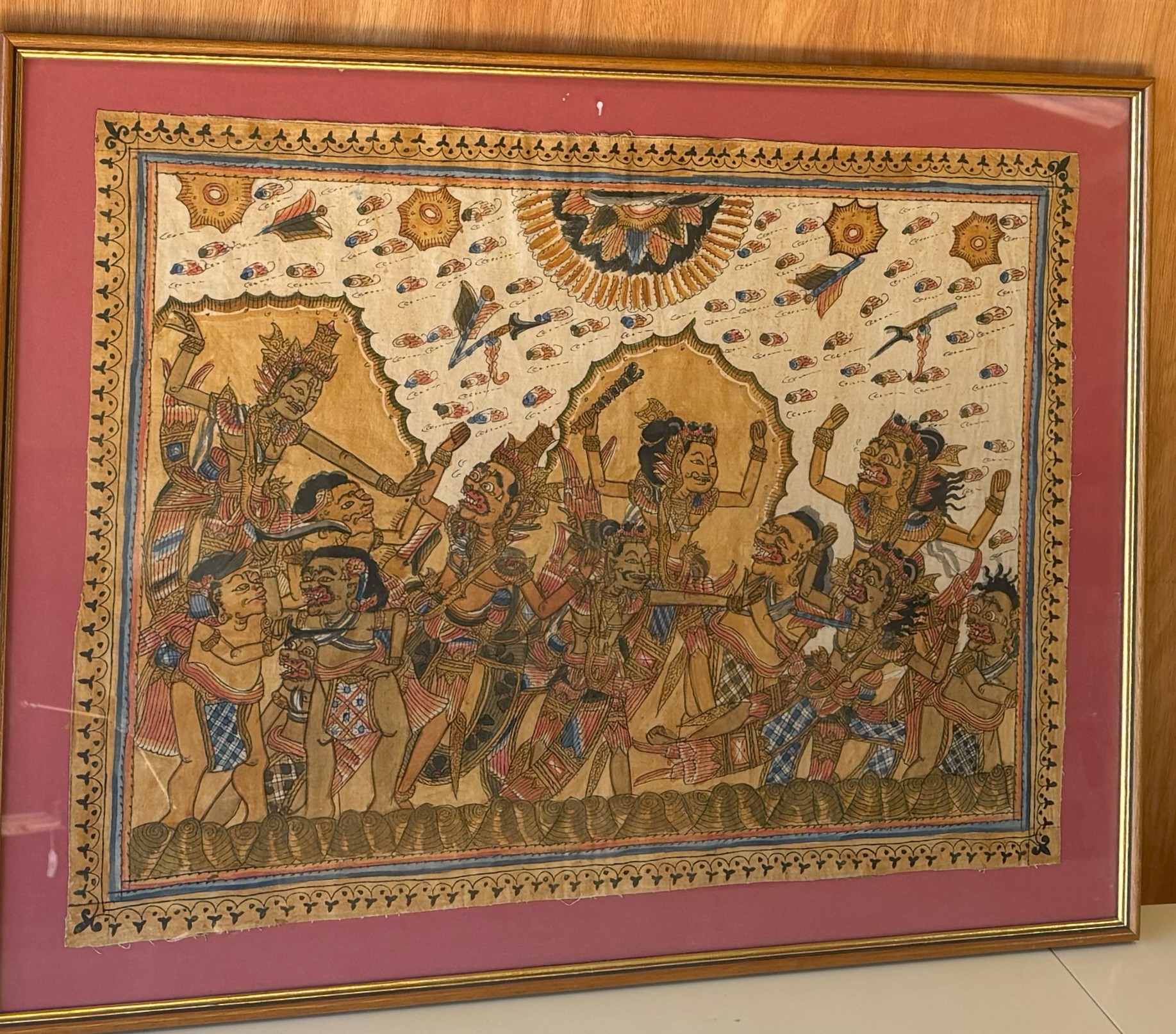 Balinese Kamasan style painting of a mythical scene, 44cm x 55cm, 52cm ...