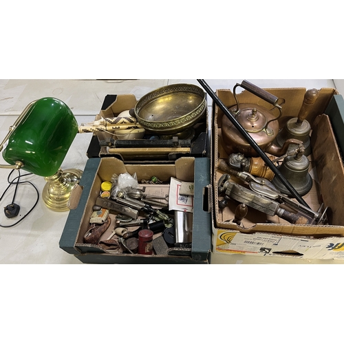 Modern bankers style lamp, copper kettle, ostrich egg, hand bells ...