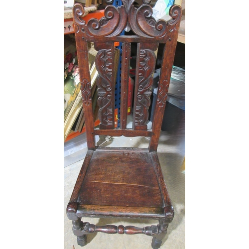 18th century oak high back chair, scroll carved top rail and splat with ...
