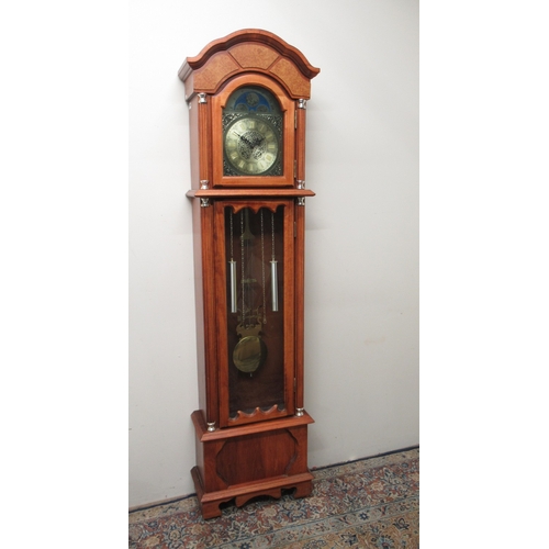 Bentima beech quartz longcase clock, signed brass break arch dial with ...