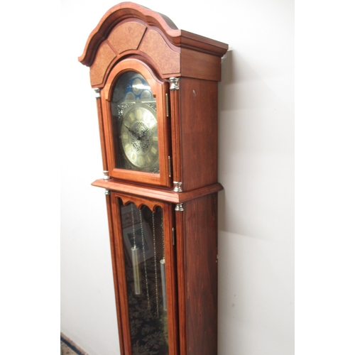 Bentima beech quartz longcase clock, signed brass break arch dial with ...