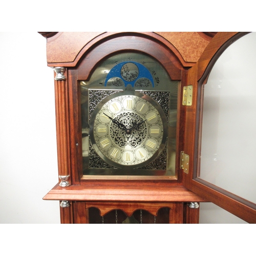 Bentima beech quartz longcase clock, signed brass break arch dial with ...