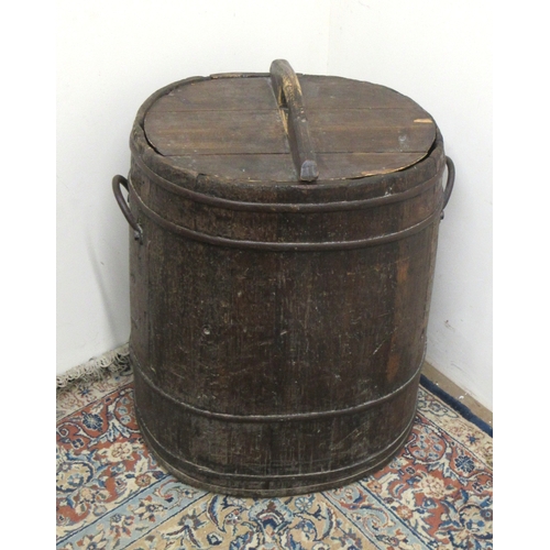Vintage metal bound coopered oval barrel and lid with iron handles and ...