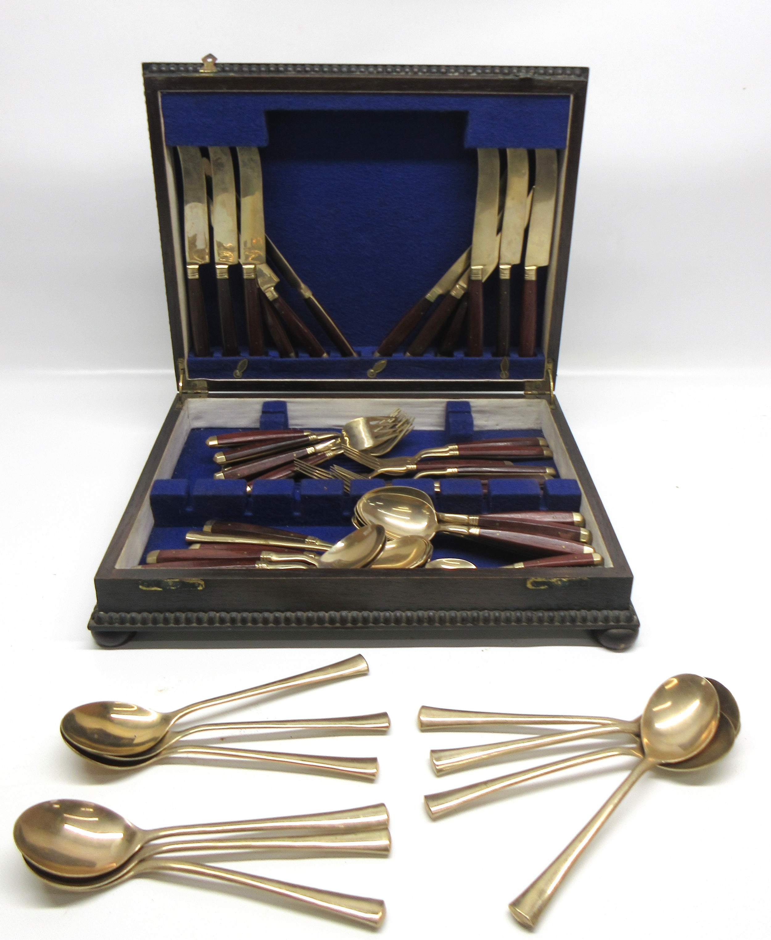 Six person cased cutlery canteen, wooden handle with gold finish ...
