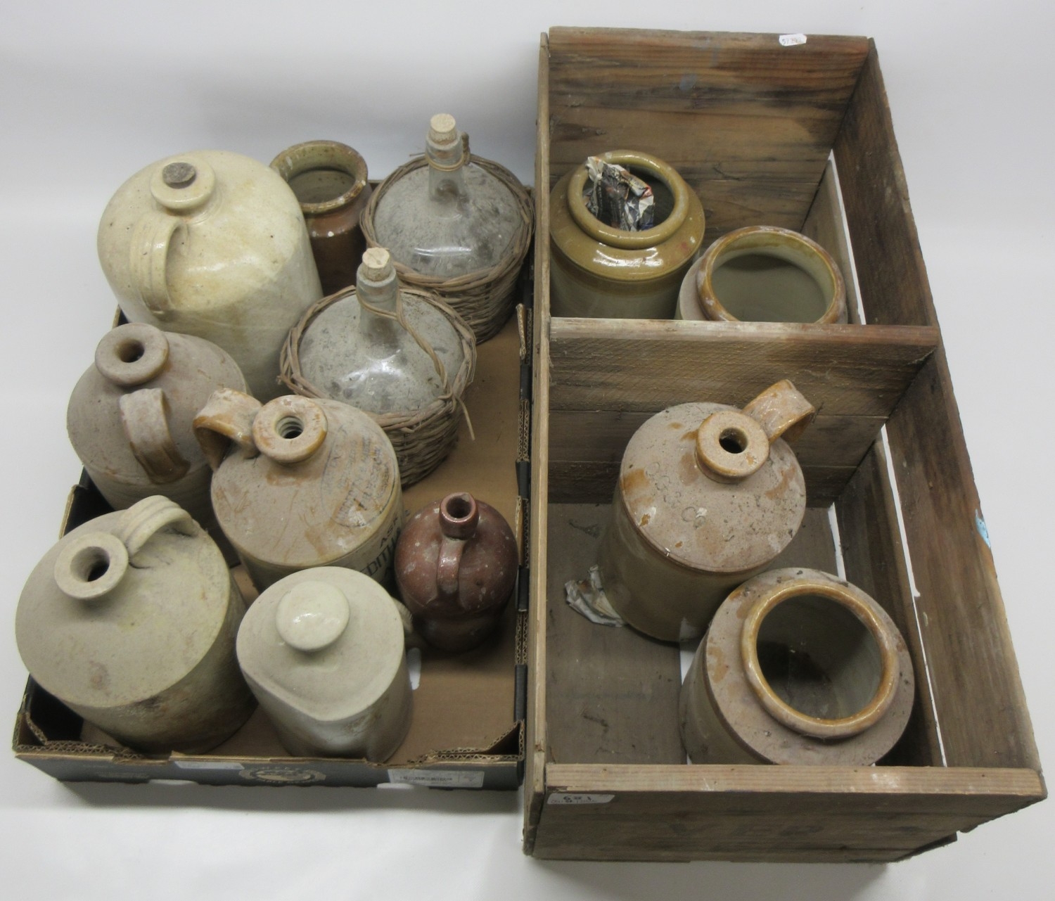 Thirteen stoneware and glass flasks, incl. 'Meredith & Hawksley Black ...