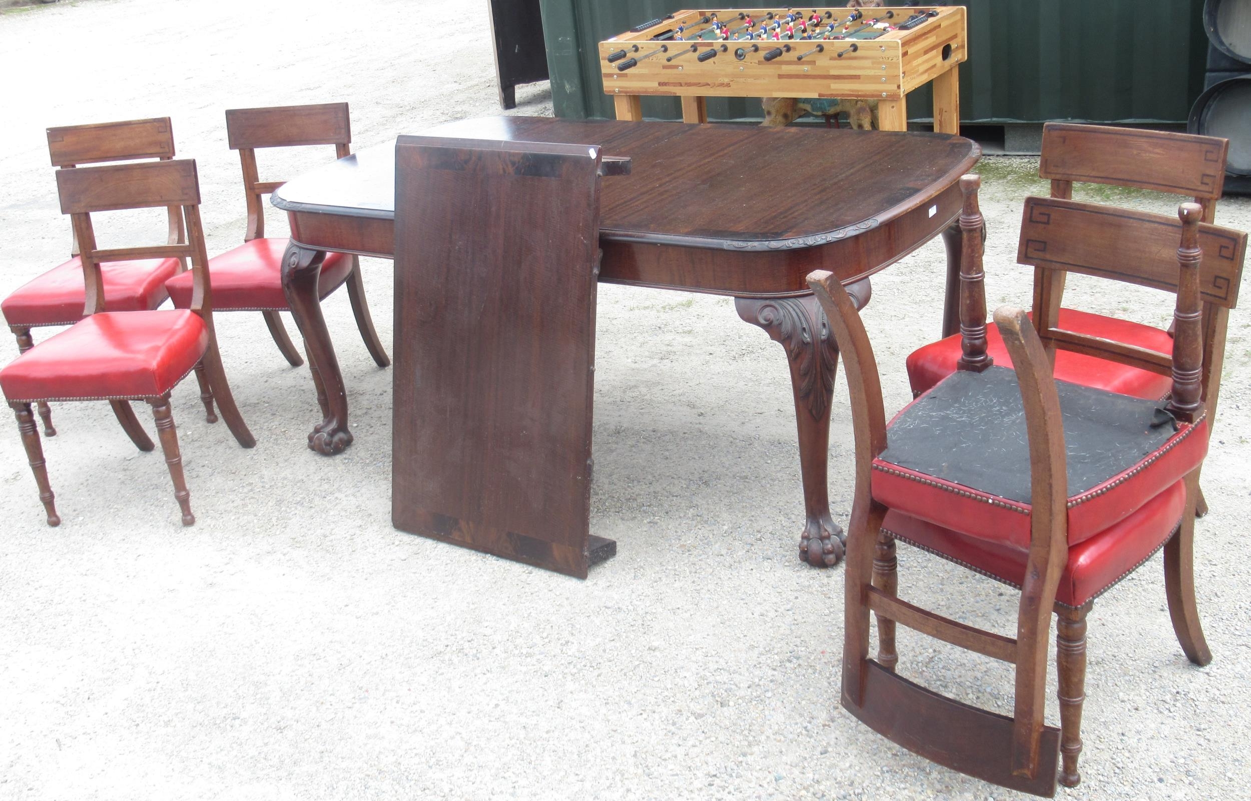 George 111 style mahogany extending dining table, shaped top on scroll ...