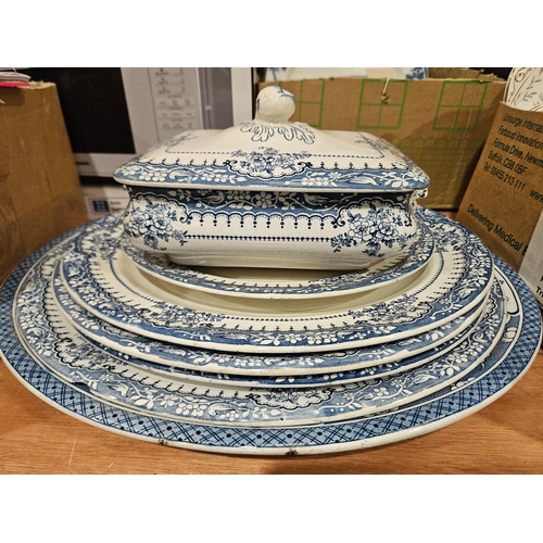 Victorian Maling Blue & White Tureen, Meat Plates Etc