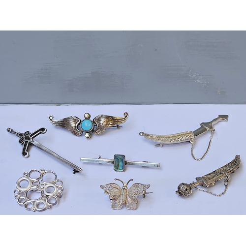 6 Assorted White Metal Brooches