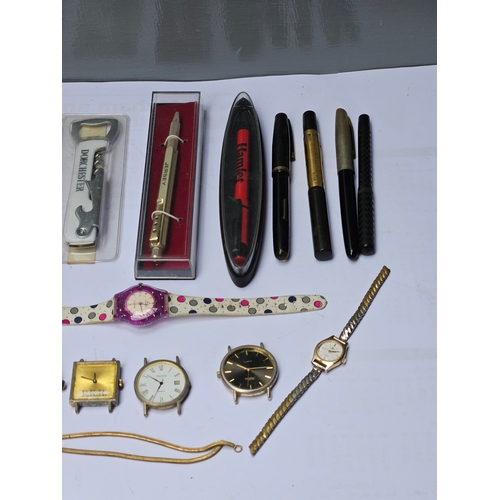 Box Including Assorted Wrist Watches, Fountain Pens Etc