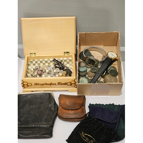 Box Including Assorted Costume Jewellery, Coins, 2 Wrist Watches Etc