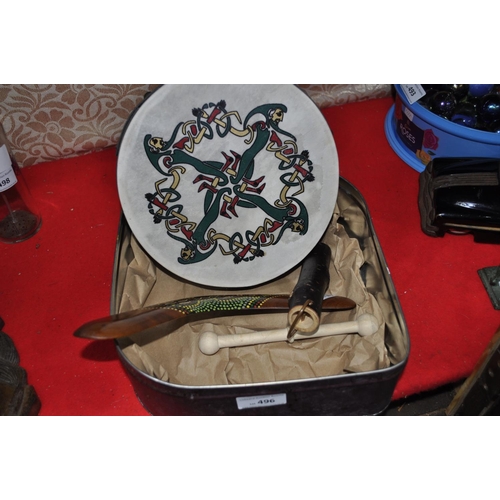 IRISH BODHRAN DRUM AND HAND PAINTED AUSTRAILIAN BOOMERANG