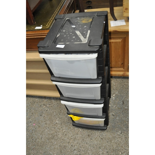 FOUR DRAWER PLASTIC STORAGE UNIT PLUS CONTENTS