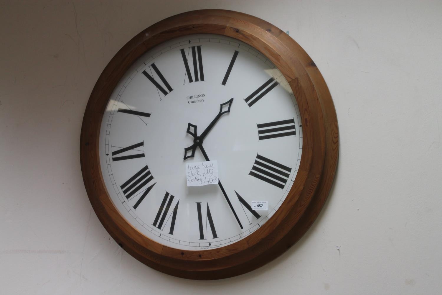 SHILLINGS CANTERBURY LARGE HEAVY PINE CLOCK, FULLY WORKING