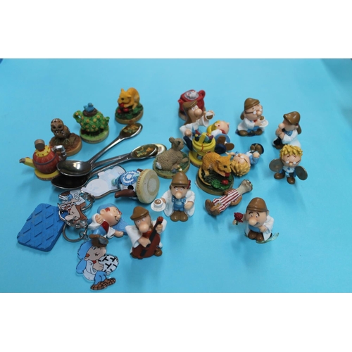 TETLEY TEA FIGURINES, 3 X SPOONS AND KEY-RINGS