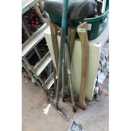 LARGE AXE, PICK AXE, RACK, CROW BAR AND LAWN EDGERS