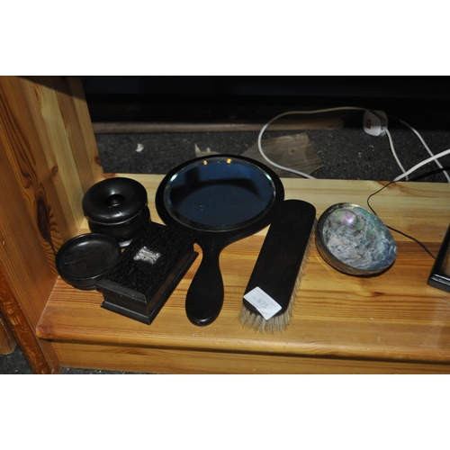 EBONY AND SILVER INITIALLED VANITY MIRROR, TRINKET BOX OTHERS (W OR M)