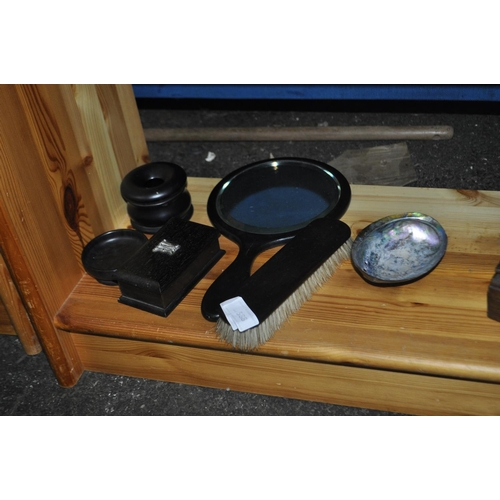 EBONY AND SILVER INITIALLED VANITY MIRROR, TRINKET BOX OTHERS (W OR M)