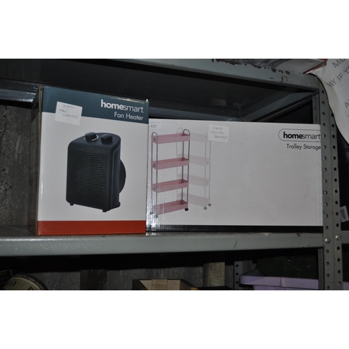 NEW BOXED FAN HEATER AND HOT PINK ROLLER TROLLEY STORAGE SYSTEM