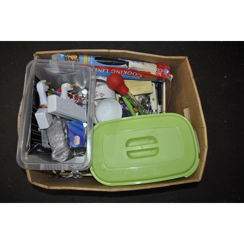 LARGE CONTAINER OF MIXED HOUSEHOLD ITEMS INC. 2 X 3 WAY MAINS ADAPTERS ...