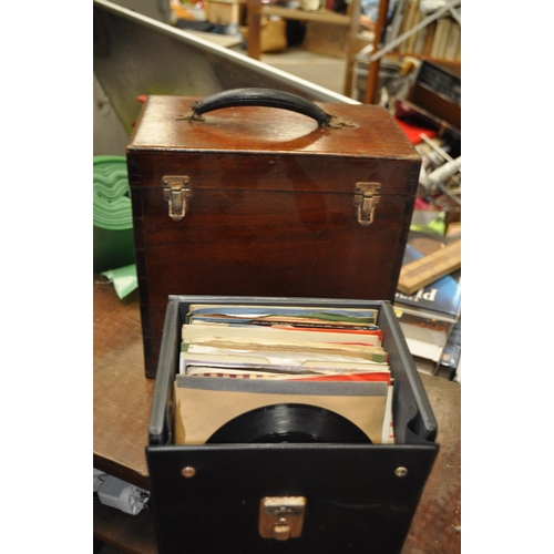 CASE OF 45S AND WOODEN RECORD STORAGE BOX