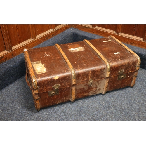 Vintage wood bound cabin trunk, 92cm wide.