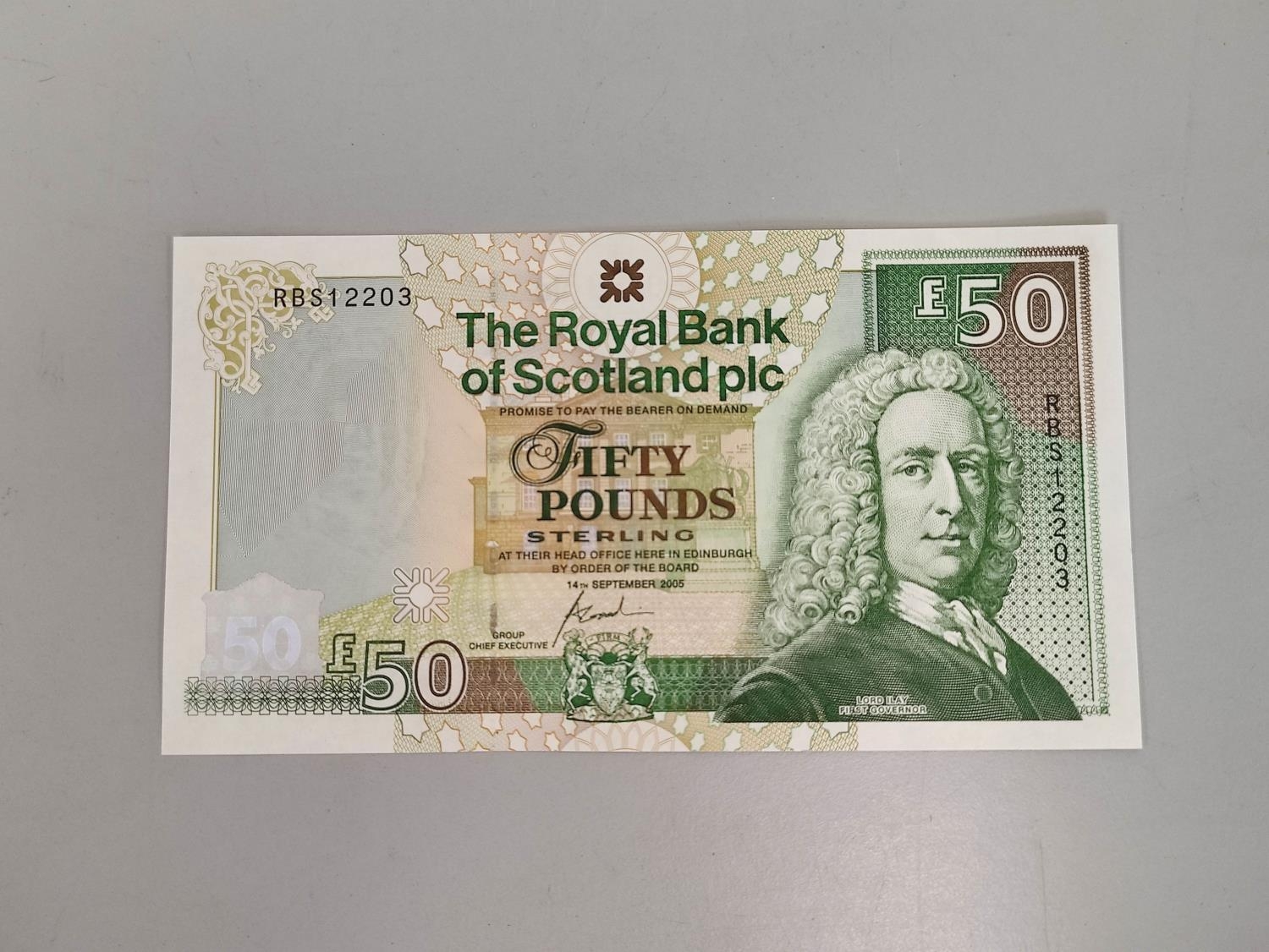 Royal Bank of Scotland £50 Goodwin 2005 banknote prefix RBS12202. REV ...