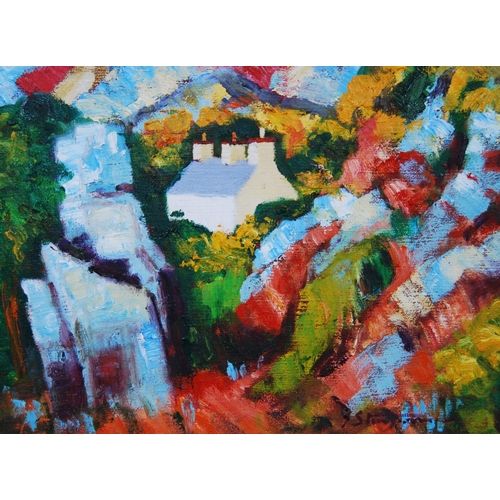 Jim Sturgeon (Scottish, 1931 - 2006)Cottage in the hillsSigned, oil on ...