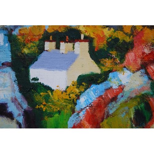 Jim Sturgeon (Scottish, 1931 - 2006)Cottage in the hillsSigned, oil on ...