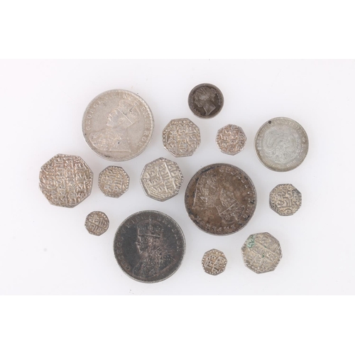 INDIA silver rupees 1911, 1913 and 1917, two annas 1841, provincial ...