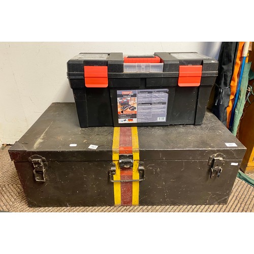 Large vintage travel trunk marked 'J.R. Bell' & toolbox