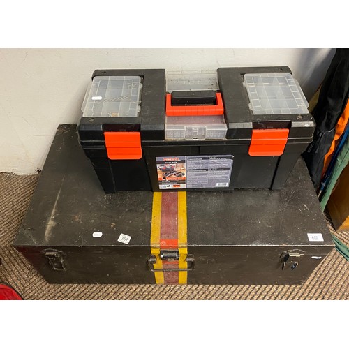 Large vintage travel trunk marked 'J.R. Bell' & toolbox