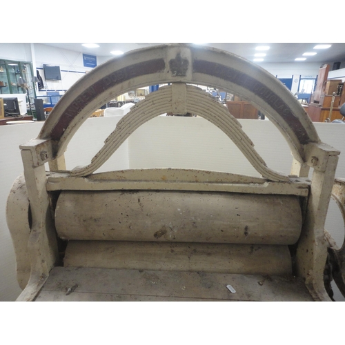 Large vintage painted iron mangle, inscribed 'Andrew Dobie of Castle ...