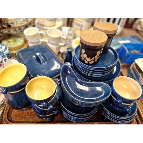 Collection of blue glazed Denby ware and two non matching storage jars etc