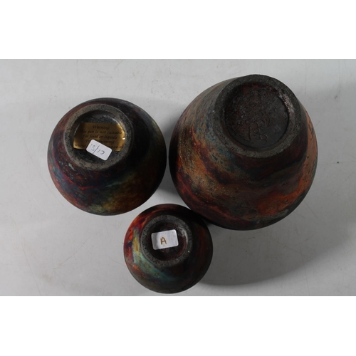 Three graduated Pat Armstrong high fired raku Studio Pottery vases ...