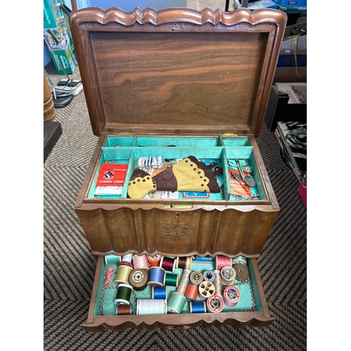 Carved sewing box / stool with accessories