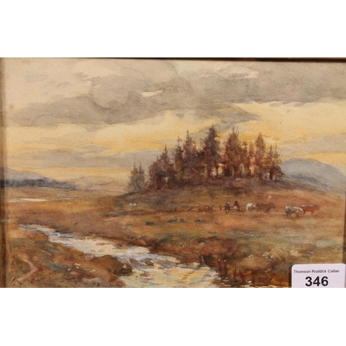 JAMES KINNEAR (Scottish 1846-1917), cattle and figures by a river ...