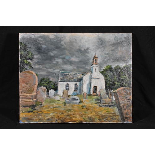 ERIC RITCHIE (Scottish b1934), graveyard and kirk, oil painting on ...